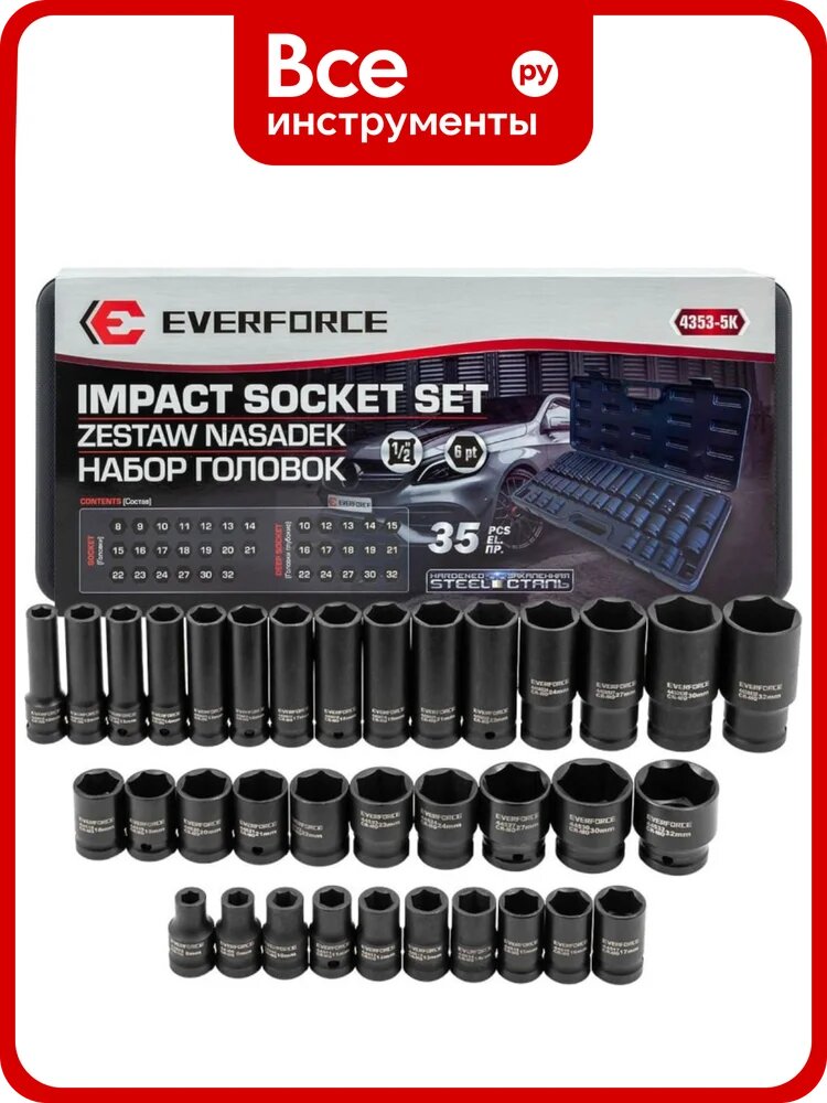 Набор ударных 6-гранных головок EVERFORCE 1/2", 35 предметов EF-4353-5K(61638)
