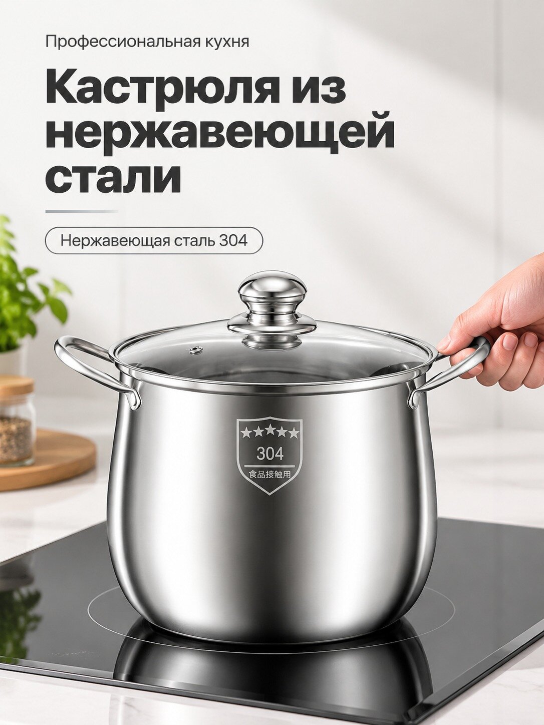 Кастрюля-голландка из нержавеющей стали 24 см с высокими стенками и стеклянной крышкой
