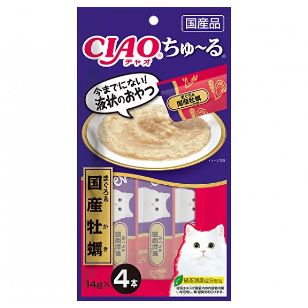 Inaba Ciao Churu Лакомство для кошек в виде пюре из Тунца Магуро и Устрицы, 4*14 г.