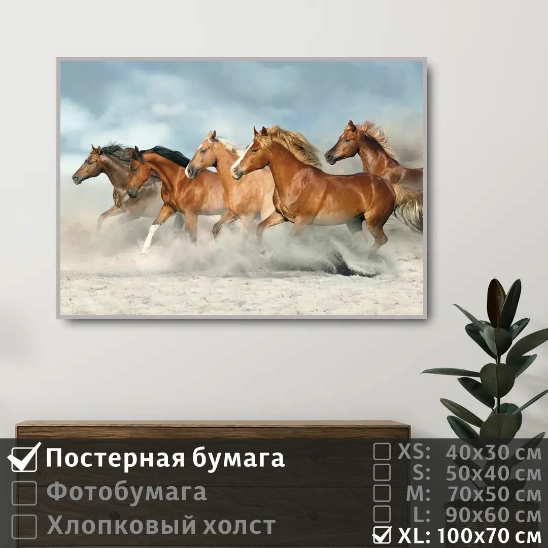 Постер на стену Лошади Скачут По Песку 100х70 см ПолиЦентр