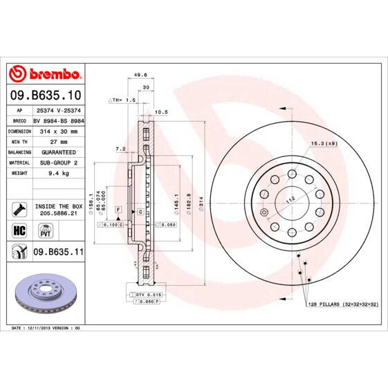 Диск тормозной для автомобиля Seat Volkswagen, BREMBO 09. B635.11 (1 шт.)