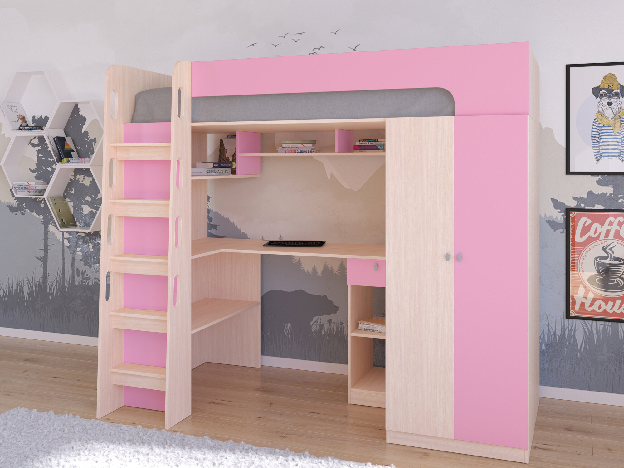 Кровать-чердак Астра 10, дуб молочный/розовый, 80х195, со шкафом для одежды и столом