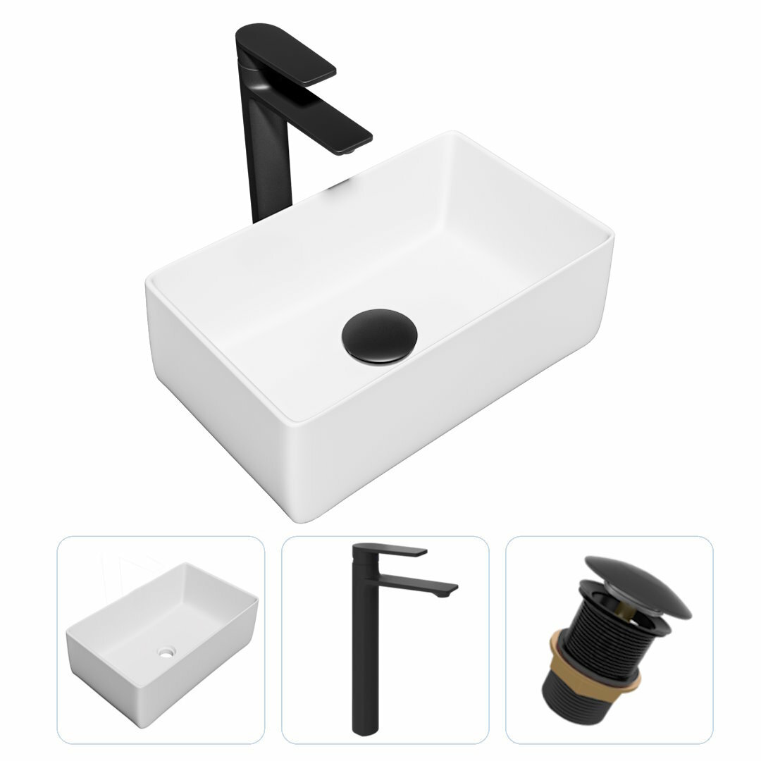 Раковина накладная для ванной Teymi Helmi Mini 38 в комплекте смеситель высокий черный матовый и донный клапан клик-клак без перелива черный F01862