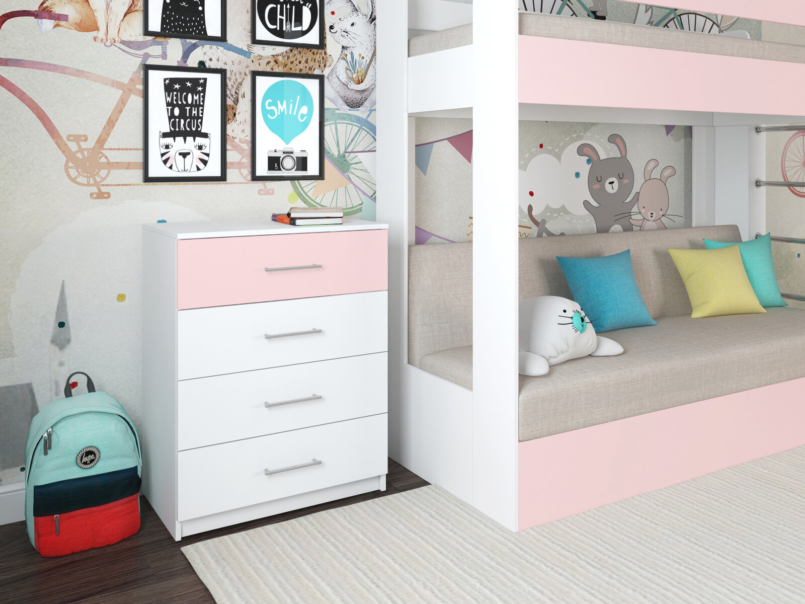 Комод с ящиками в детскую, в спальню, Есэндвич квадро Лаворо, 70x43х89 см (Белый/Розовый кварц)