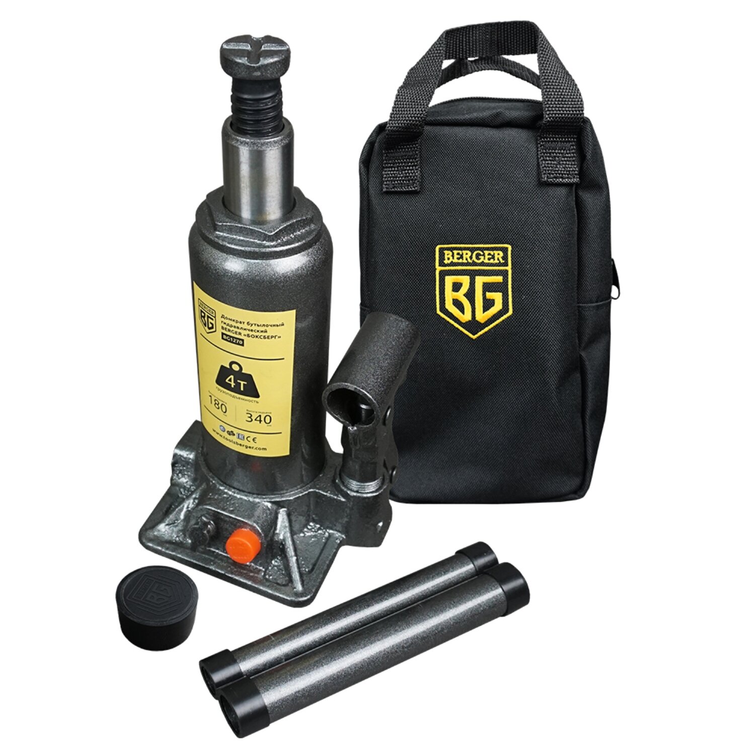 Домкрат Berger BG1270 бутылочный гидравлический 4т, 180-340 мм