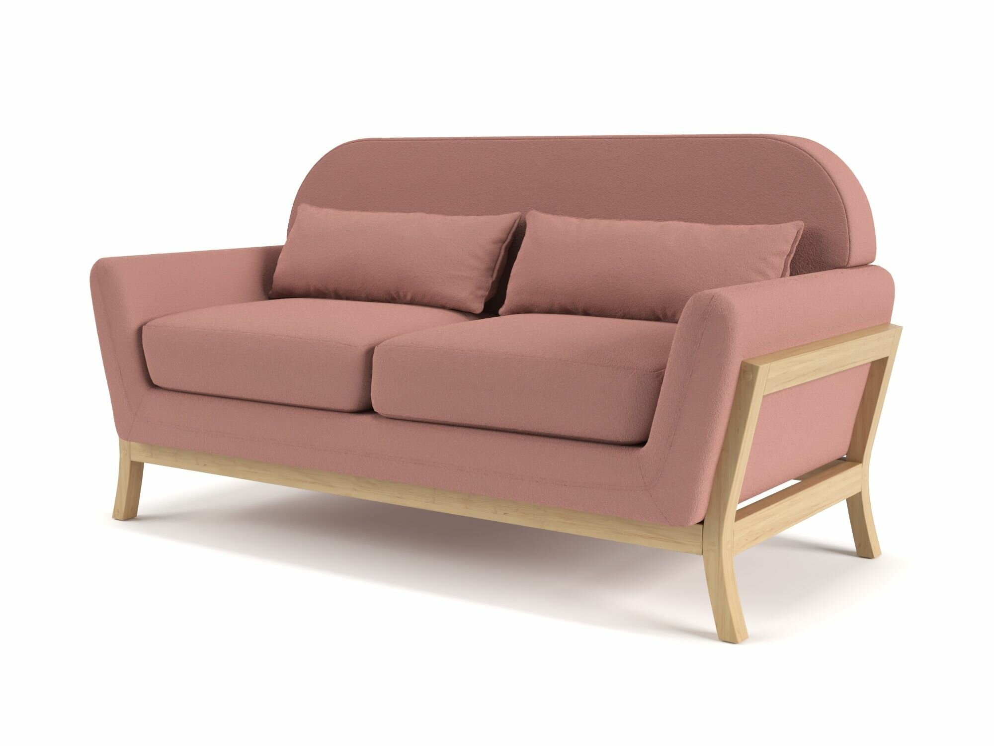 Маленький диван Arsko Эдди розовый-сосна, велюр, прямой, в гостиную, в прихожую, на балкон, на ножках, скандинавский лофт