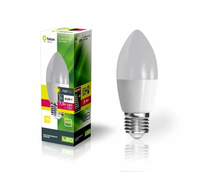 1шт/уп. Лампа LED Свечка 7.5Вт 220-240В E27 700Лм 4200К Угол 160 град. d 37mm h 100mm Свет Дневной белый Foton Lighting, уп. 1шт