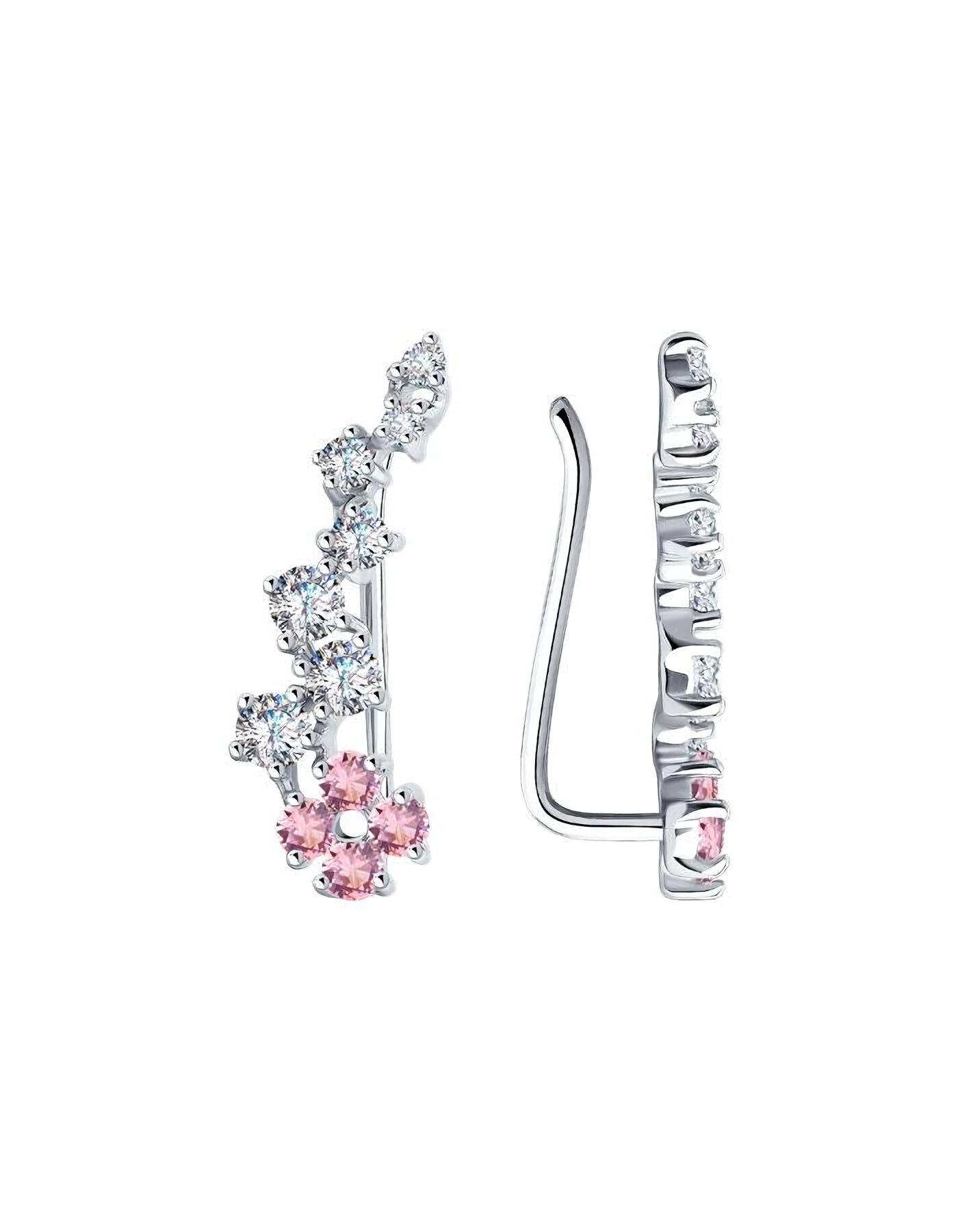 Серьги каффы, серебро, 925 проба, родирование, фианит