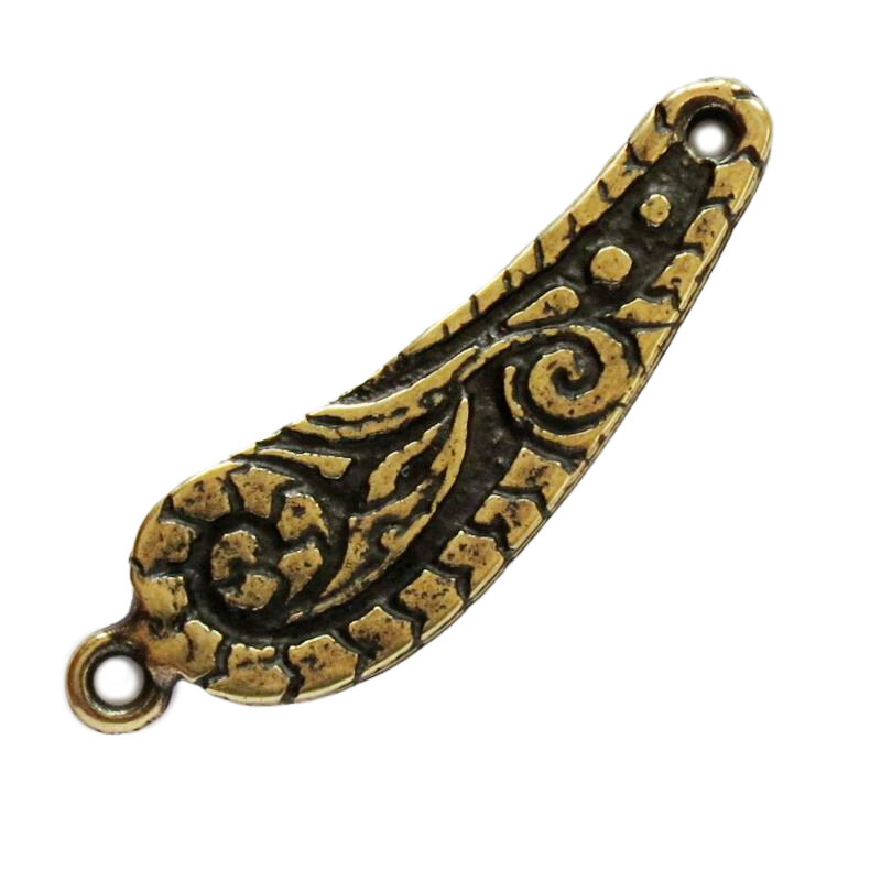 Коннектор 62х17х2мм, Историческая коллекция, огурец Пейсли левый, с петелькой и отверстием, базовый материал - цинковый сплав, бронзовый с чернением, 2 шт.