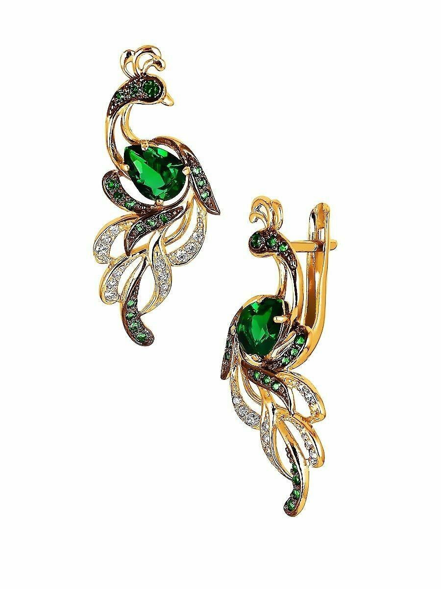 Серьги, серебро, 925 проба, фианит, изумруд синтетический, кварц синтетический