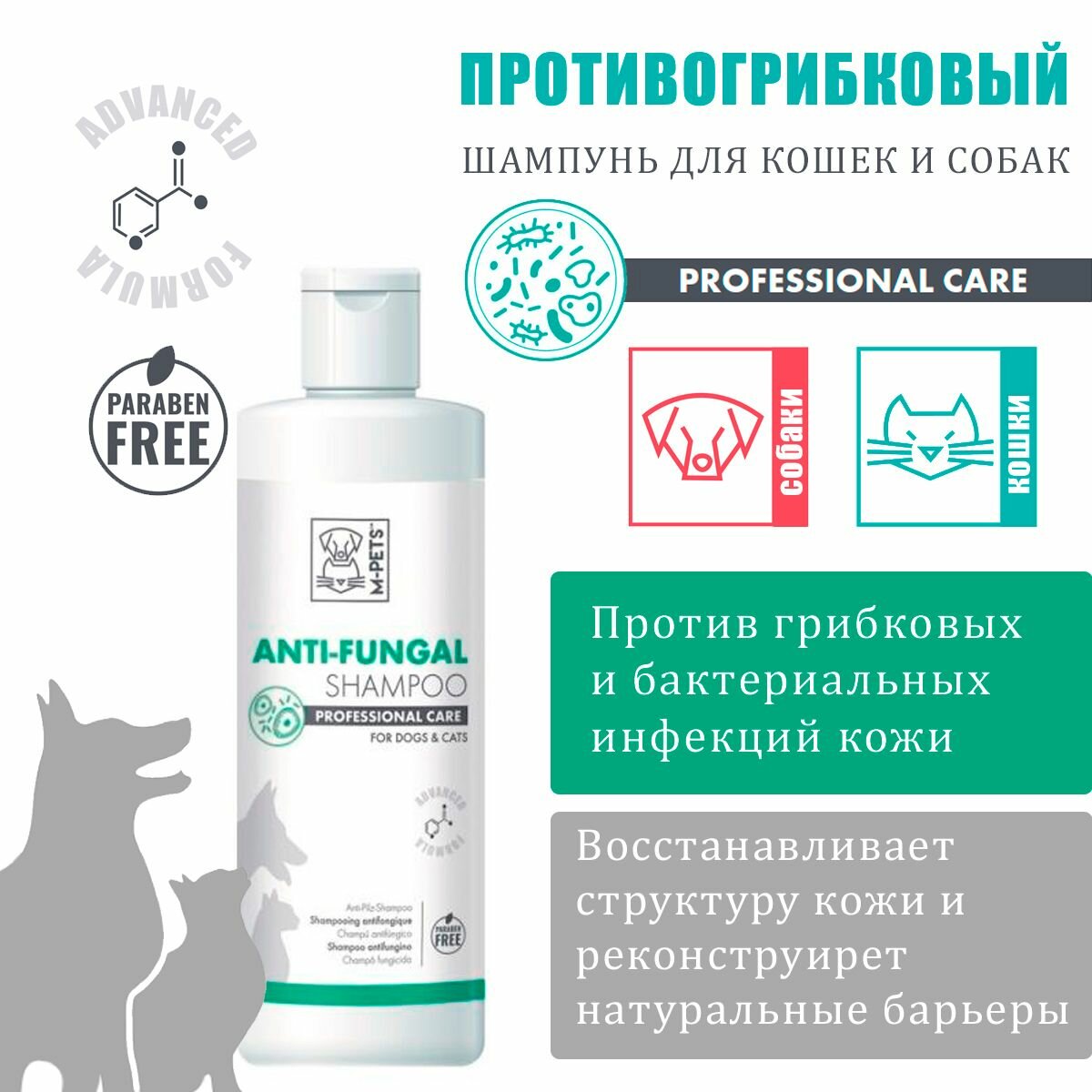 Шампунь для кошек и собак профессиональный уход Противогрибковый, M-PETS, 250 мл