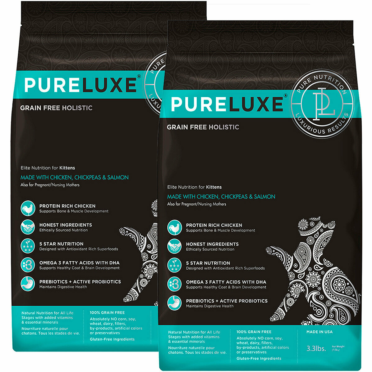 PURELUXE элитное питание беззерновой для котят с курицей, нутом и лососем (1,5 + 1,5 кг)
