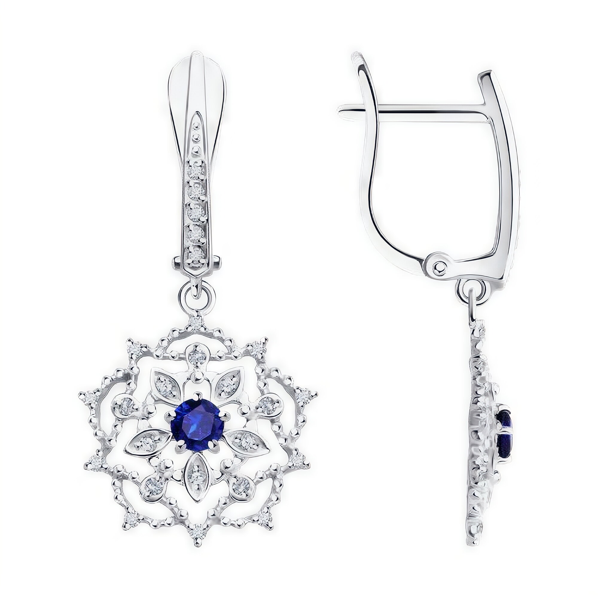 Серьги, белое золото, 585 проба, сапфир, бриллиант