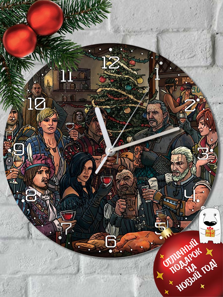 Настенные часы УФ (Новогодний подарок) "Ведьмак (Рождество, подарки, счастье, Санта Клаус, Цири, Йеннифэр, Лютик, Геральт, Золтан) - 7020"