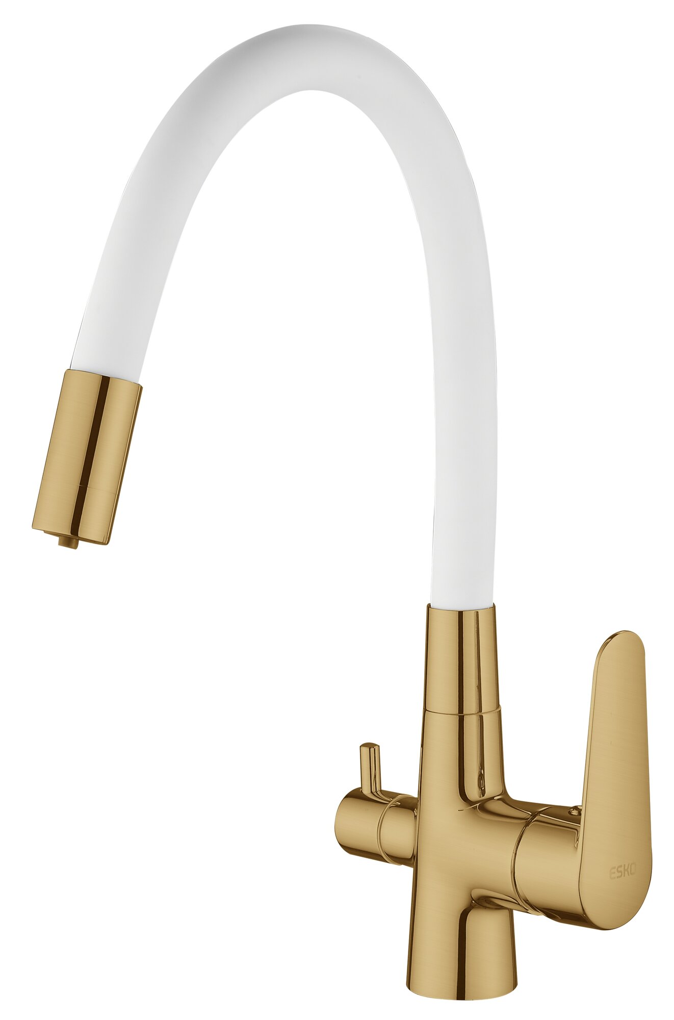Смеситель для кухни белый/золото с гибким изливом с подключением к фильтру материал корпуса латунь