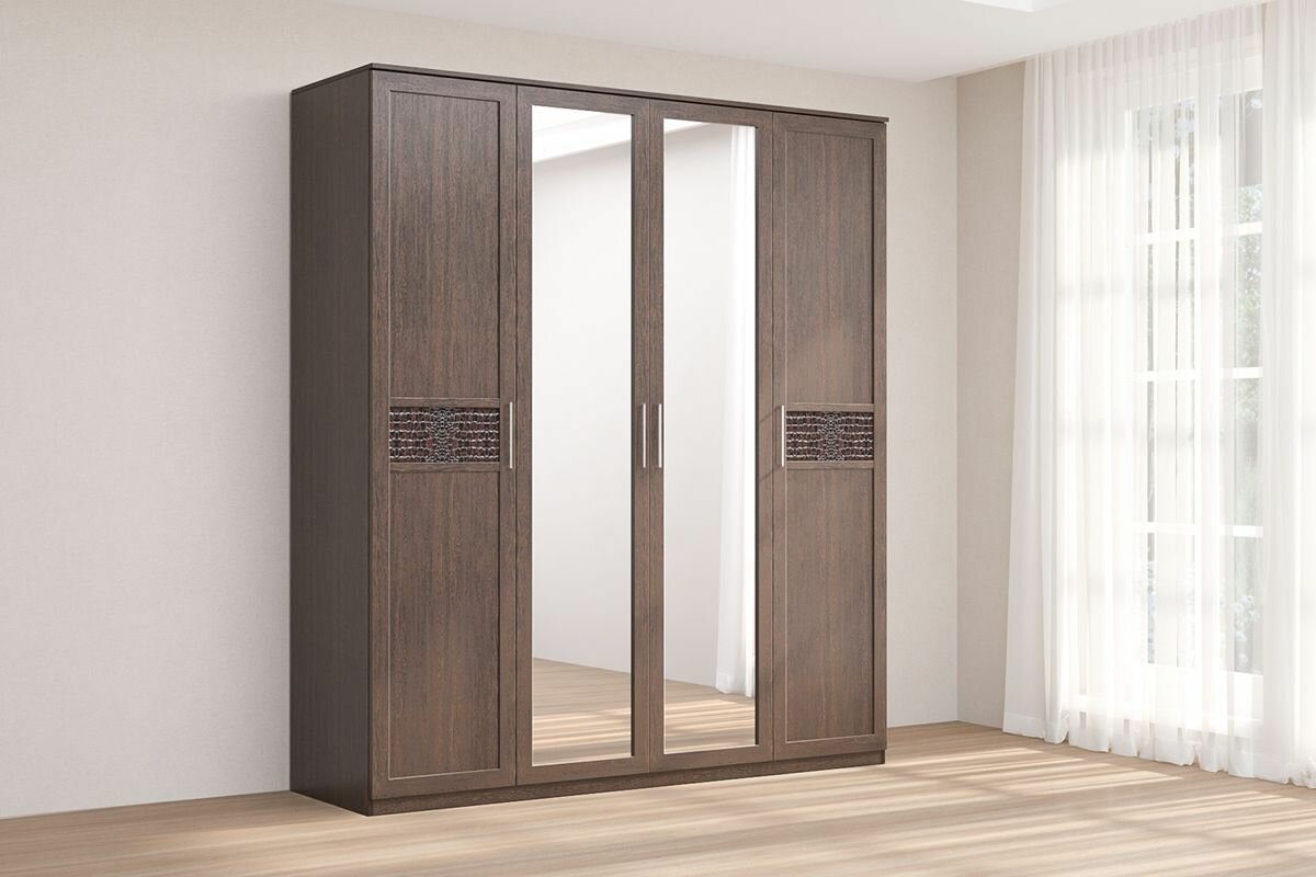 Шкаф 4-х створчатый с зеркалом Кэт 4 Кайман Темный/Венге. с полками, со штангой для вешалок