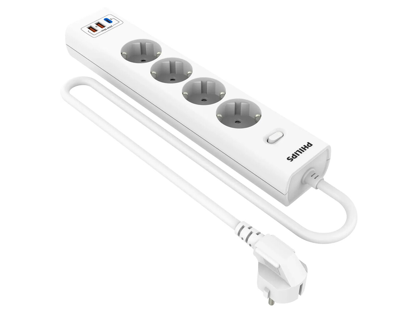 Сетевой фильтр Philips, 4 розетки, 3м, 2500Вт, 2xUSB, 1xUSB Type-C (20Вт) Белый, CHP4346WB/51
