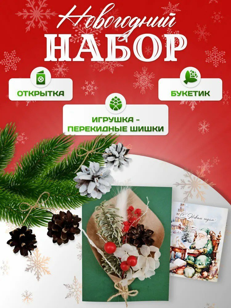 Набор: новогодний букет + открытка + подвес - шишки 2 шт.
