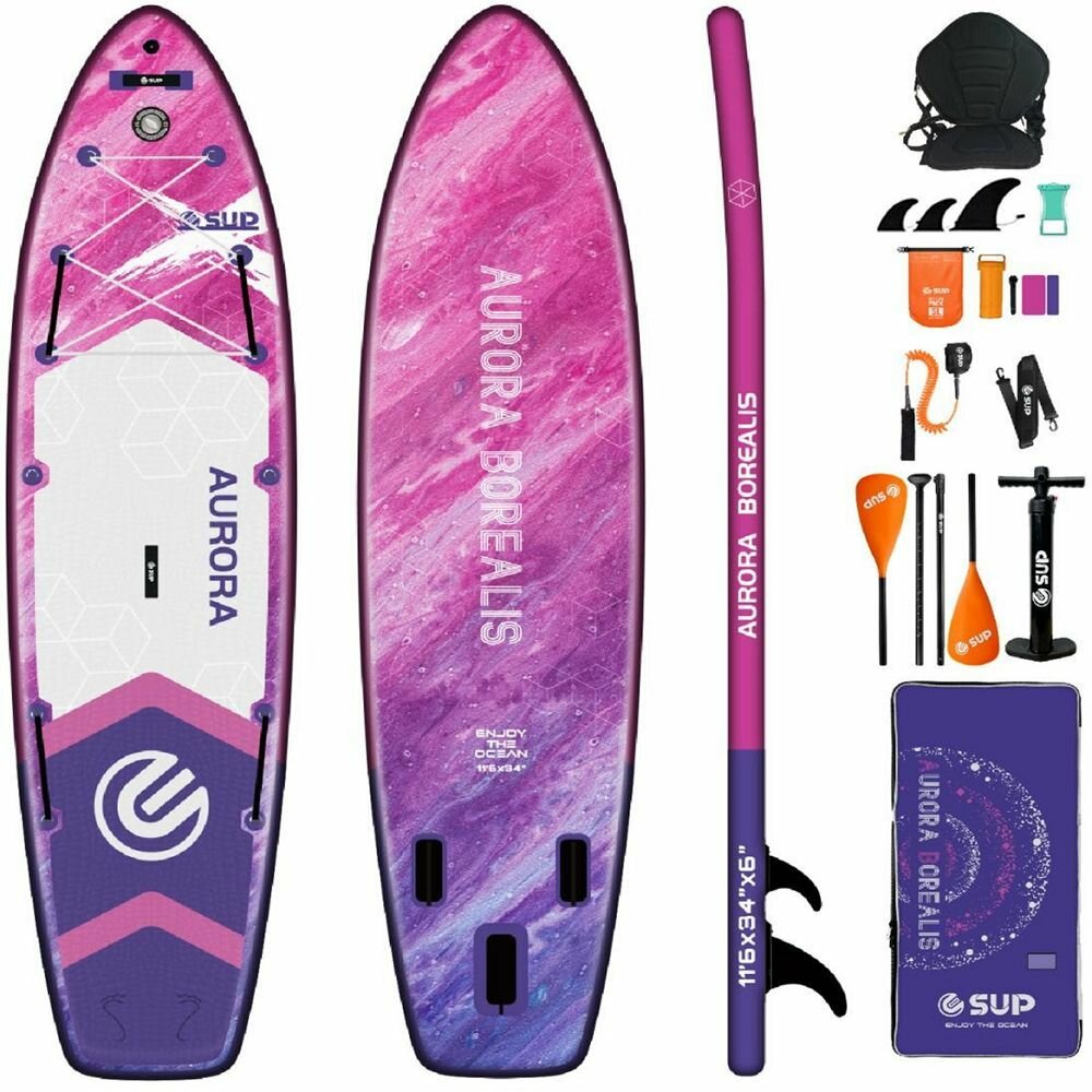 Надувная SUP-доска E-SUP AURORA PURPLE PRO двухслойный сапборд с сиденьем и каячным веслом 350 см / Сап доска для плавания и серфинга