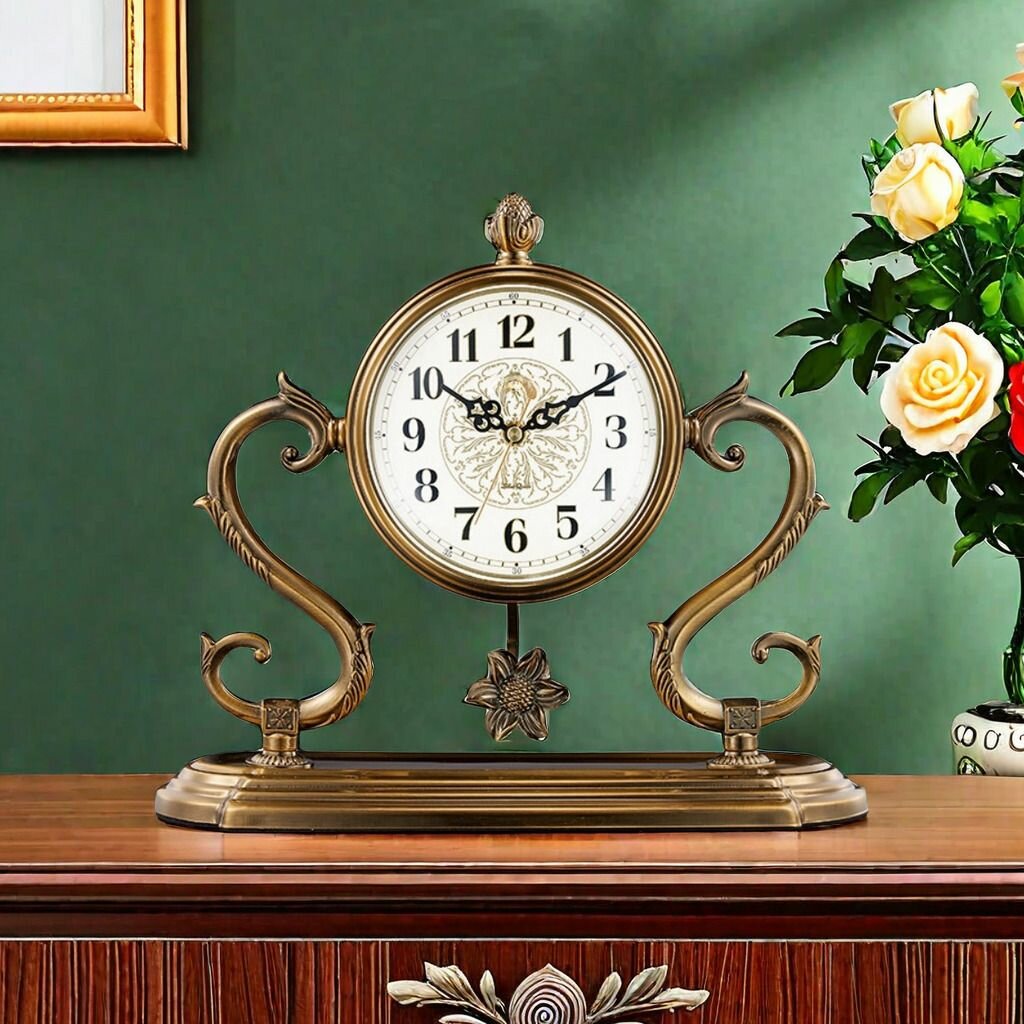 Настольные каминные часы, Старинный европейский стиль, с маятником, бесшумный, Сплав с медным покрытием, циферблат с принтом, кварцевый механизм
