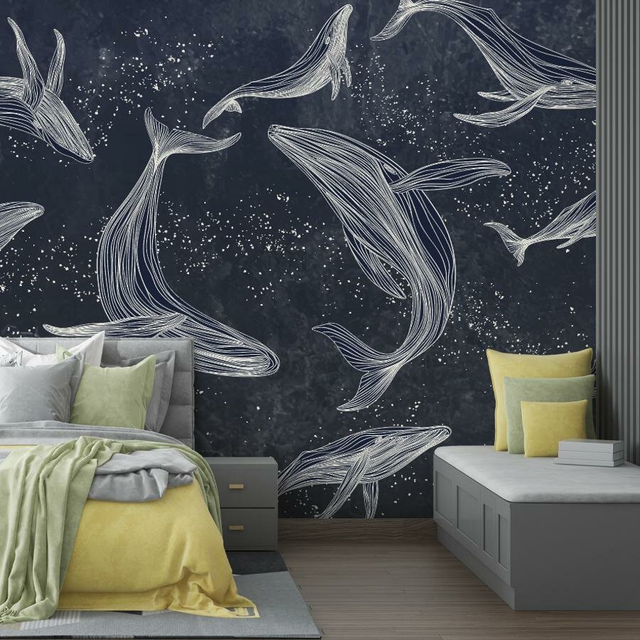 Фотообои Киты белые на темном фоне 14-1257-S-Флекс 270 x 200 см (ВхШ) Бесшовные, флизелиновые, влагостойкие обои
