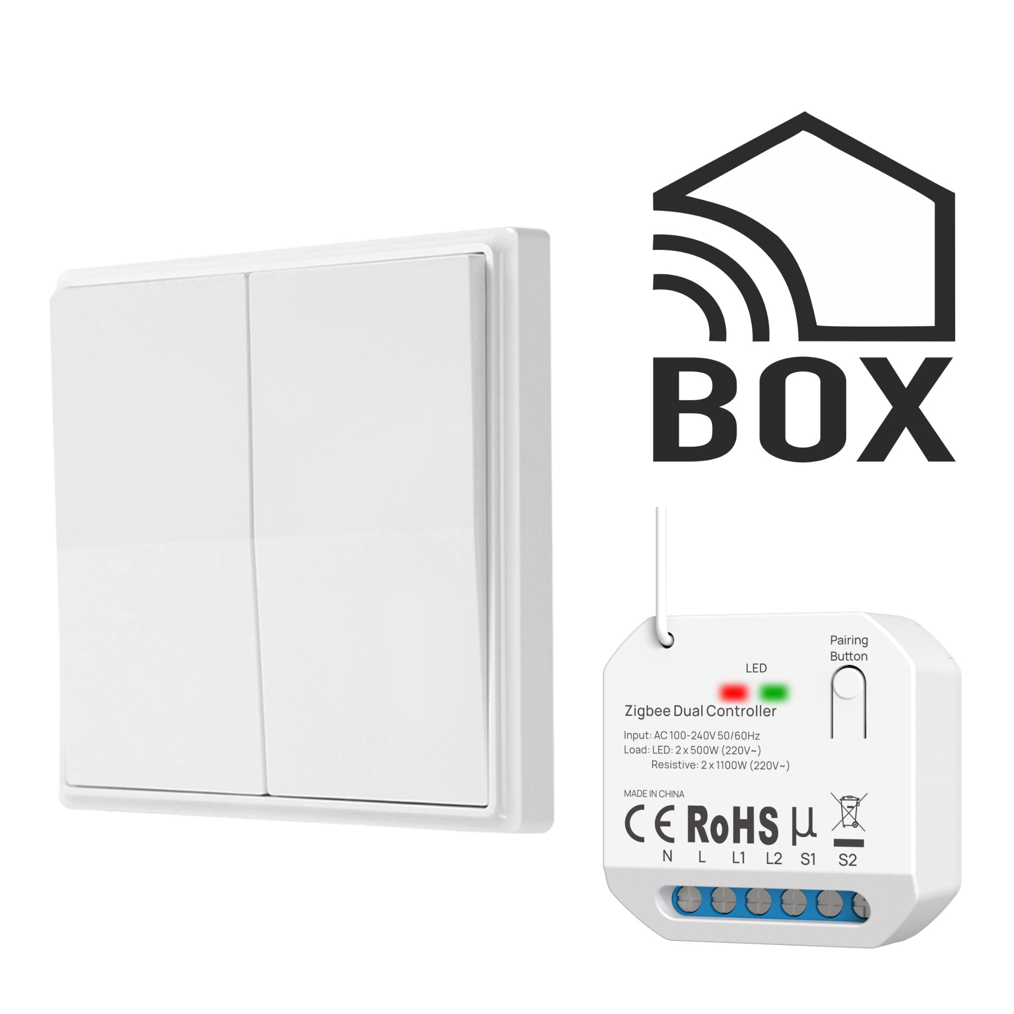 Беспроводное двухканальное реле BOX ERC2202-Z с поддержкой ZigBee в комплекте с кинетическим выключателем BOX EE0.