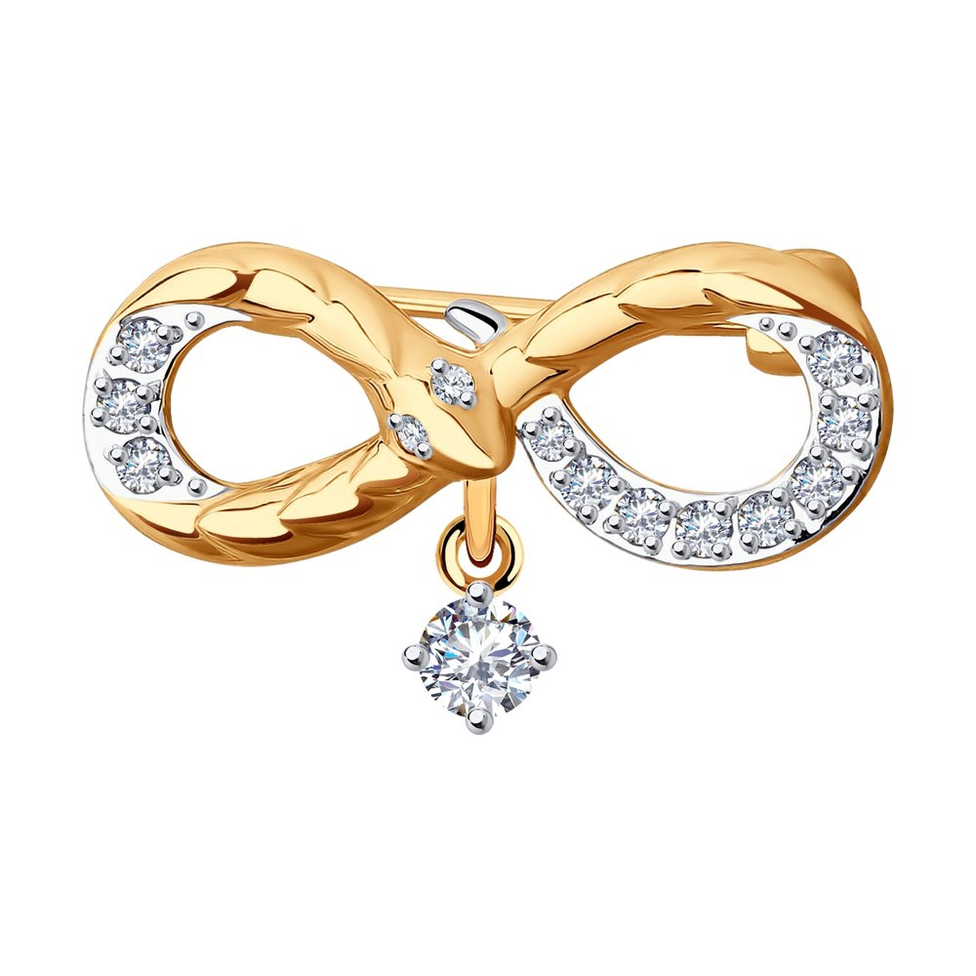 Брошь, красное золото, 585 проба, фианит