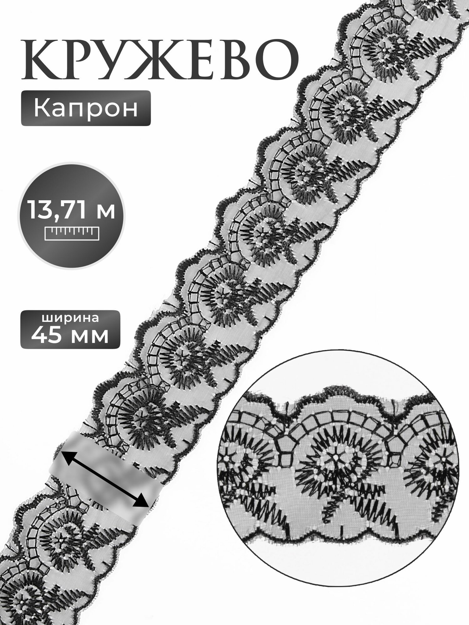 Кружево капроновое для шитья и рукоделия Айрис, 0574-2020, 4,5см*13,71м (черный)