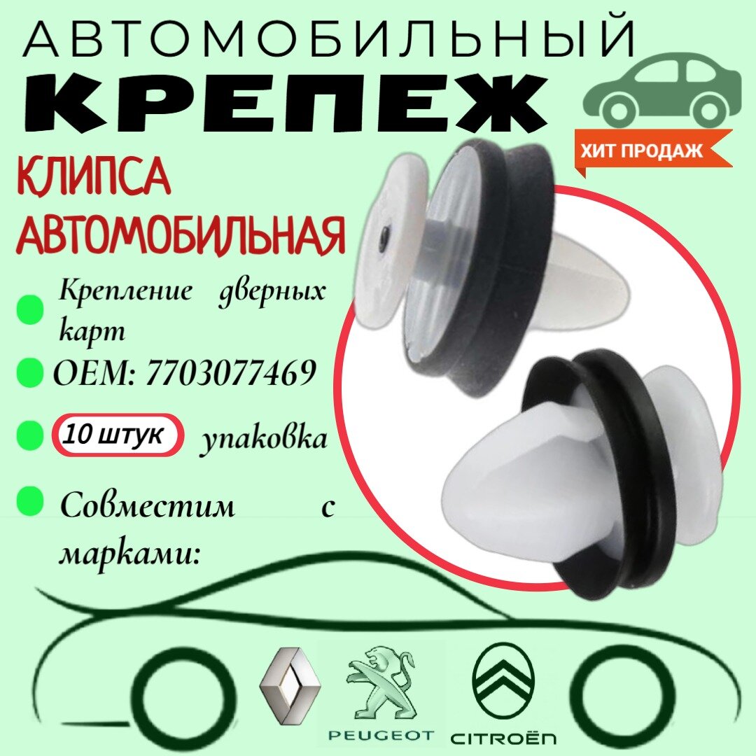Клипса автомобильная. Для автомобилей Renault: (OEM: 7703077469). Крепеж для автомобилей. (Упаковка10шт)