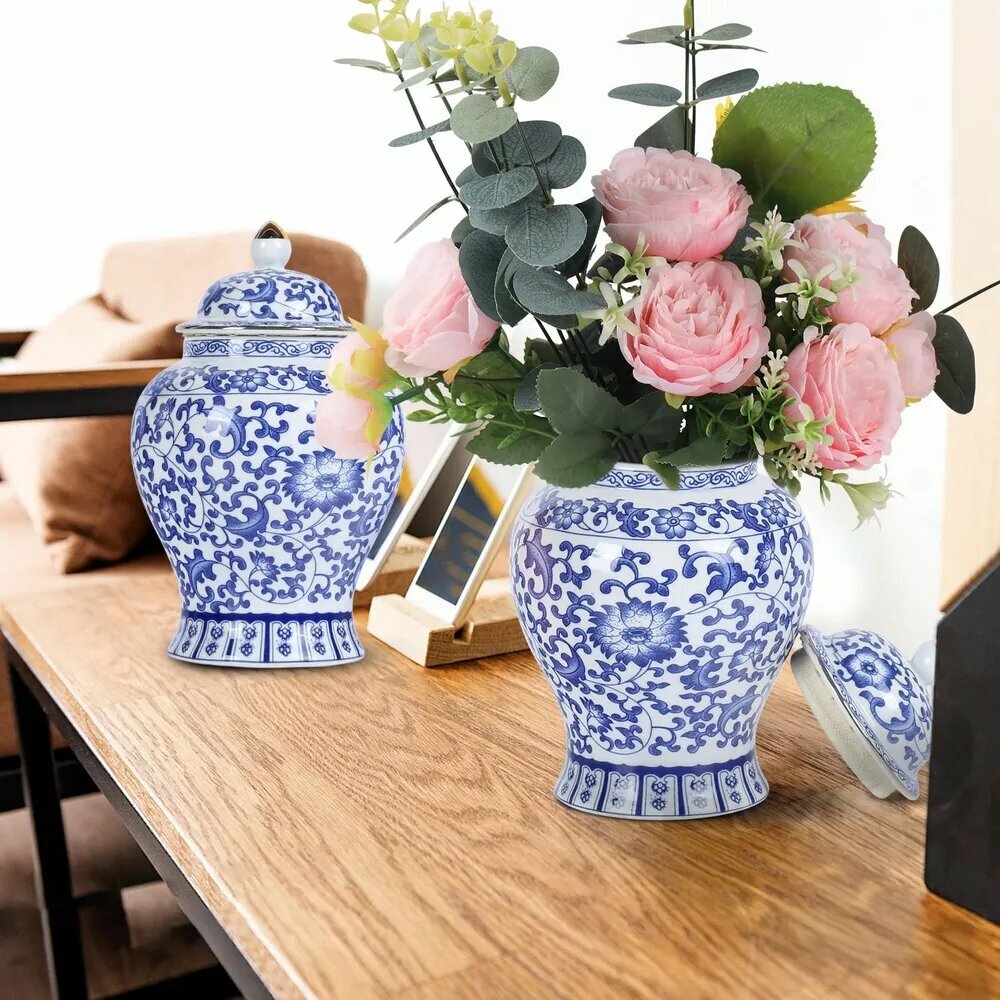 Ваза "Фарфоровая ваза Celadon, китайская имбирная ваза с крышкой, стиль Мин и Цин", 26 см , Керамика, 1 шт