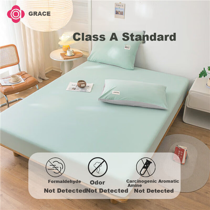 Grace A Class 100% Cotton Antibacterial Fitted Sheet Breathable Mattress Cover Mattress Protector for Naked Sleeping Sweat Absorption Water Green 150*200cm