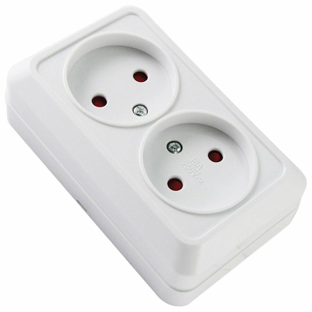Розетка TDM Electric Ладога SQ1801-0061, открытая, 2 гнезда, без заземления, керамика, белая, с защитными шторками, 10 А, 250 В