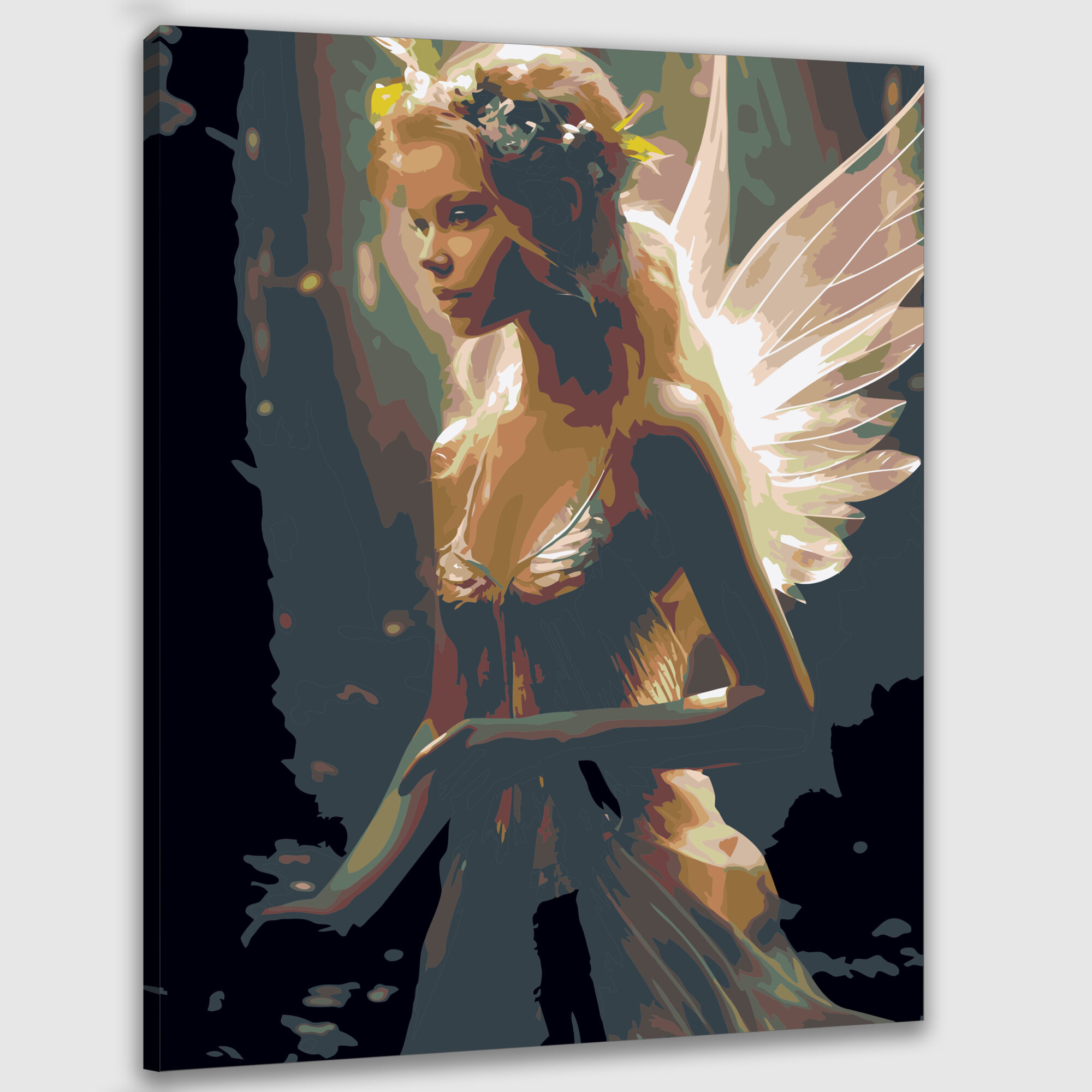 Картина по номерам 40x50 см, фея, крылья, свет, лес, зелень, листва, солнце, сияние, платье, спокойствие, сила, красота