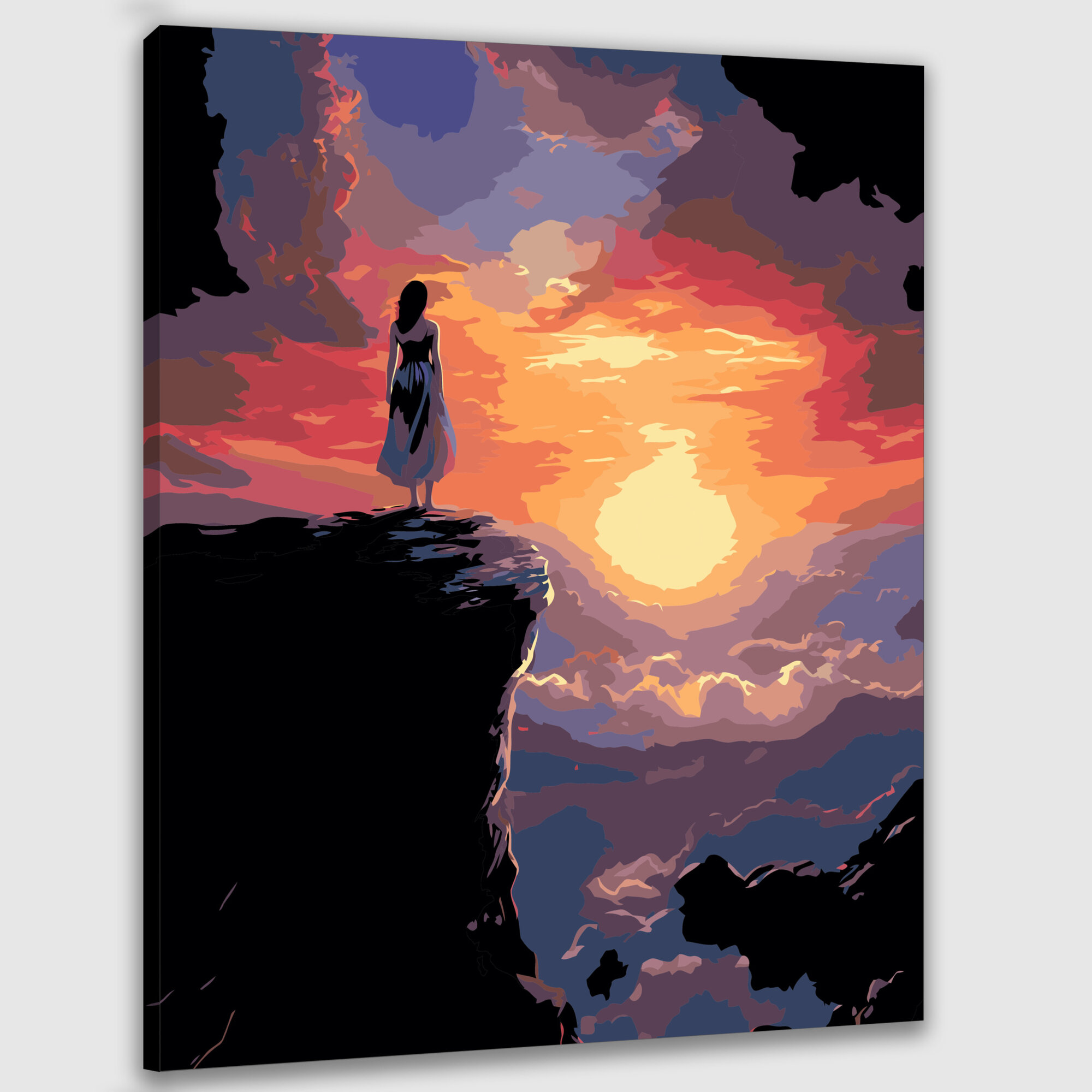 Картина по номерам 40x50 см, фотография, девушка, скалистый утес, закат, силуэт, яркие краски, небо, ощущение силы