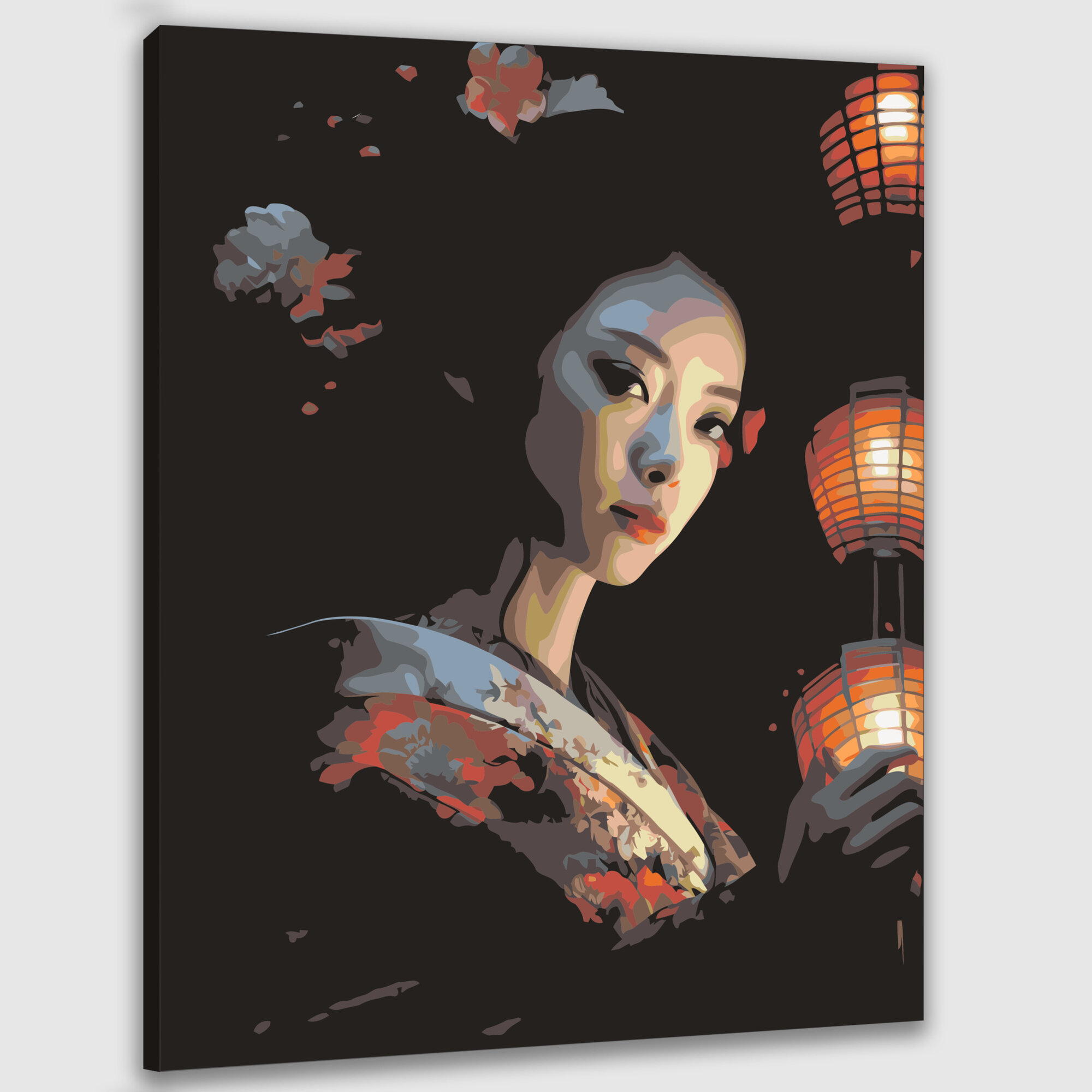 Картина по номерам 40x50 см, гейша, японская, кимоно, цветочные узоры, фарфоровая кожа, свечи, грация, элегантность