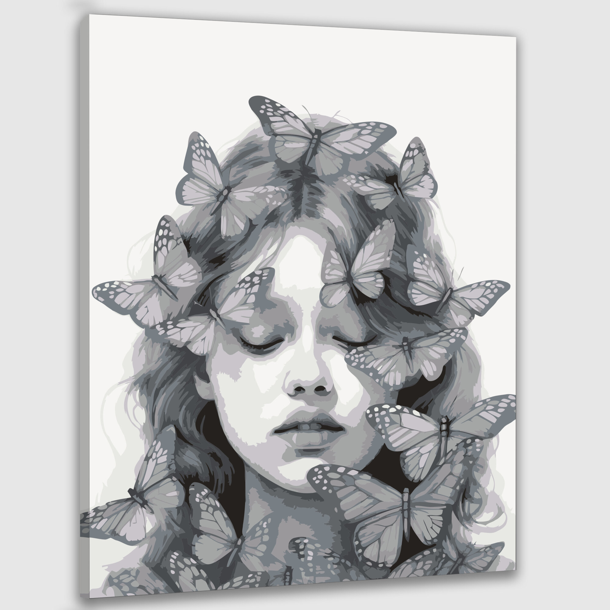 Картина по номерам 40x50 см, карандашный рисунок, девушка, отвернутое лицо, бабочка, детали, тонкие линии, штриховка