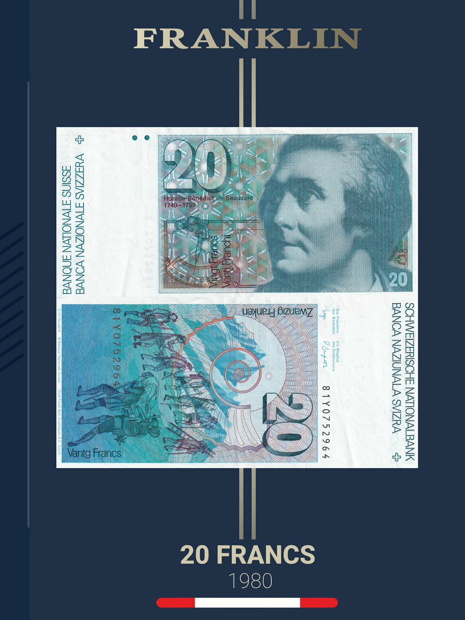 Банкнота Швейцария 20 франков 1980 год (XF) Pick 55b.2