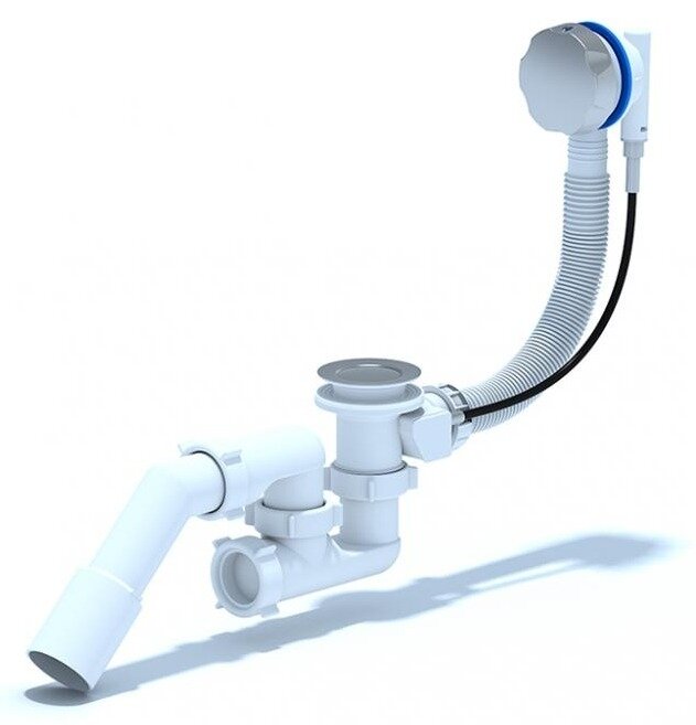 Сифон сливной Анипласт Ани для ванны, полуавтомат с выпуском и переливом, из пластика и нержавеющей стали, белый, 40х50мм / сантехника