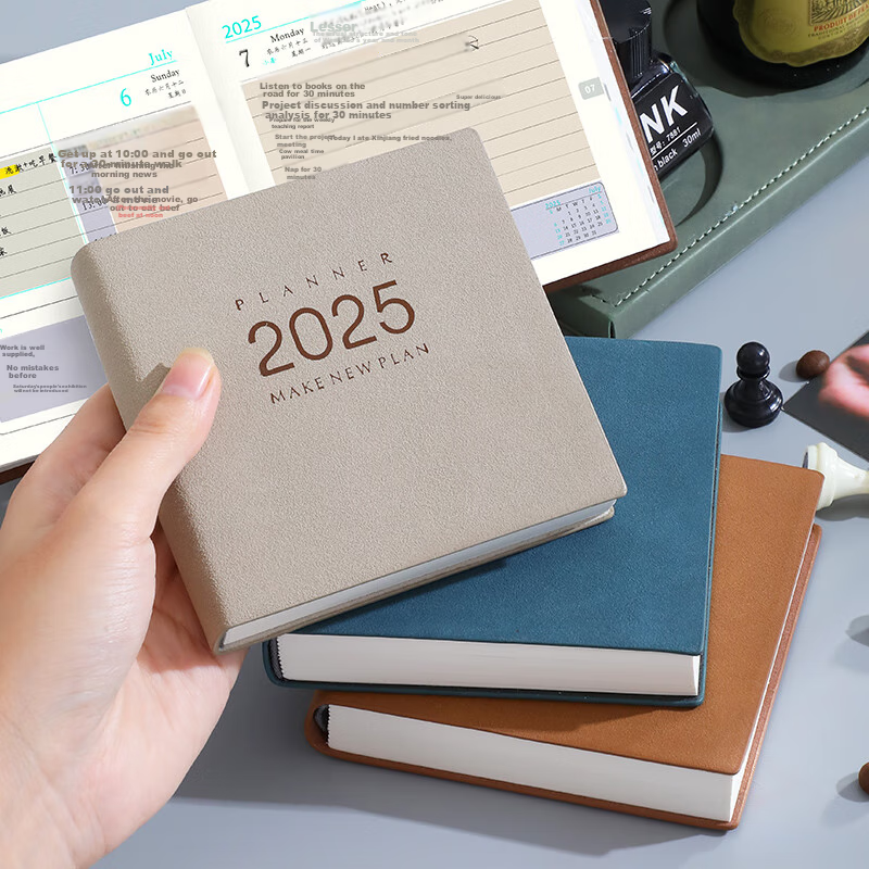 Langjie Square Planner 2025 Daily Organizer, Sheepskin Cover, Efficiency Manual, Small Portable Calendar, Journal, Study Planner, Time Management Notebook, Customizable