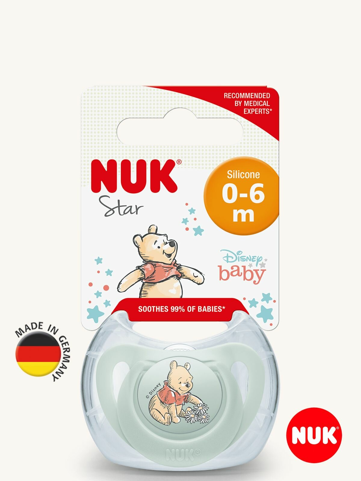 NUK STAR WINNIE Соска пустышка силиконовая 0-6 месяцев, 1 шт. в контейнере