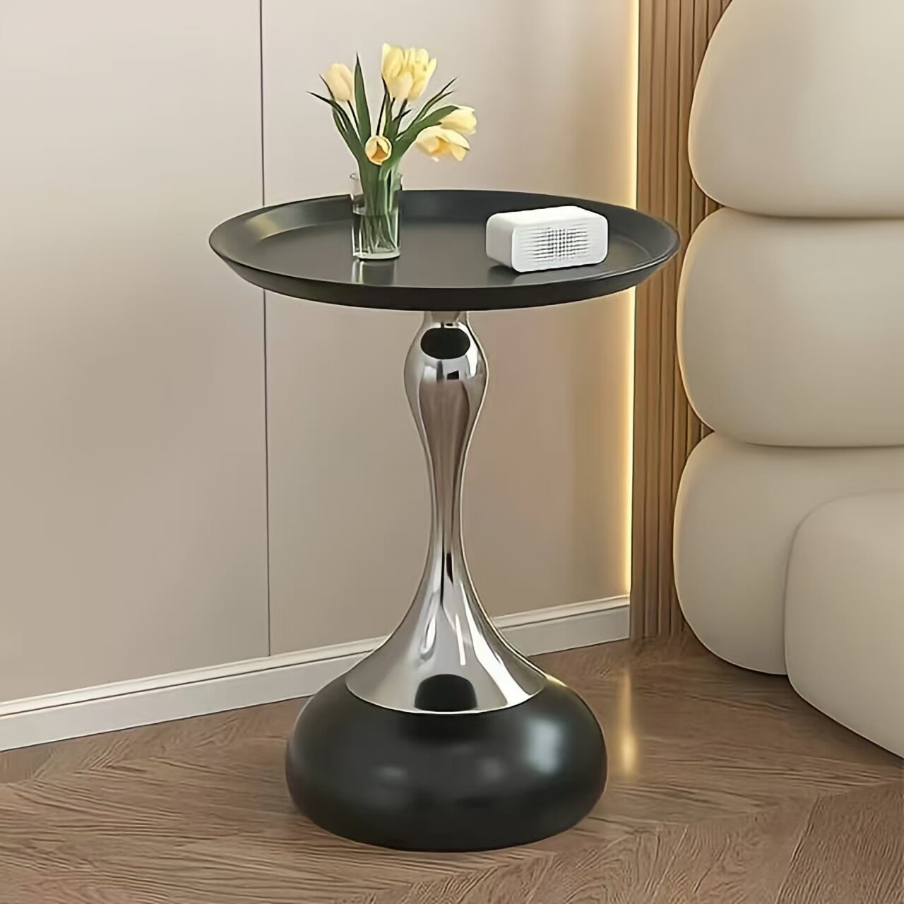 Диванный столик из кованого железа; маленький круглый столик; черная, серебряная рама 40*40*55cm