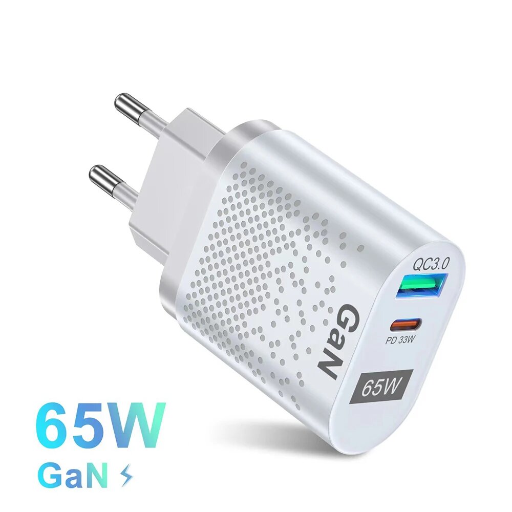 GaN зарядное устройство для телефона PD33W + USB QC3.0 33W = 65W Type-C Быстрая зарядка 5V/6.6A 9V/3A 12V/2.75A 20V/1.67A Макс адаптер США/ЕС/штепсельная Вилка стандарта Великобритании B EU Plug White