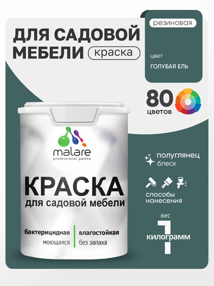 Резиновая краска Malare для садовой мебели/ по дереву, для наружных и внутренних работ/ быстросохнущая моющаяся без запаха полуглянцевая, голубая ель, 1 кг