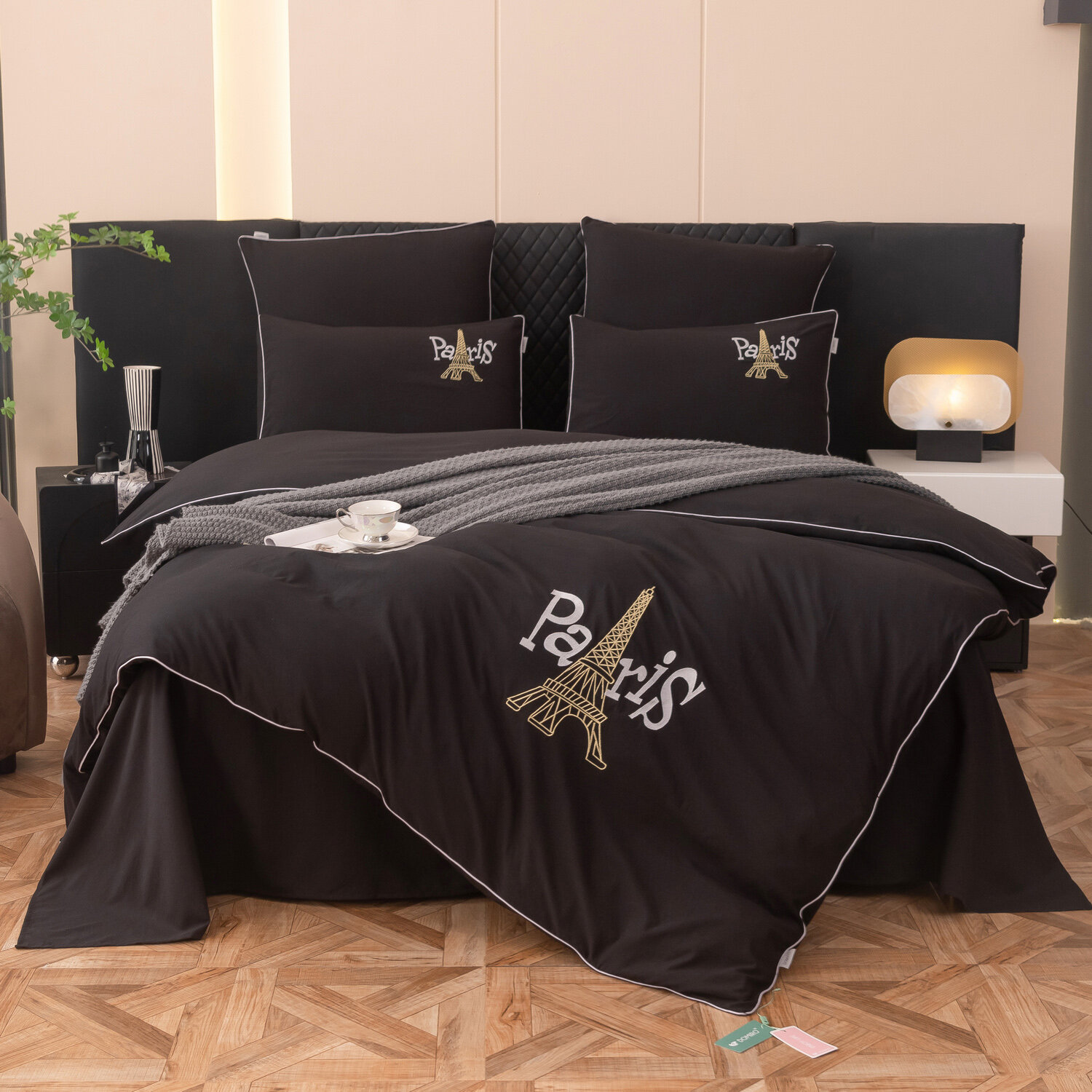 Постельное белье Domiro Mood of Paris, 2-спальный, сатин, черное золото, 6 предметов