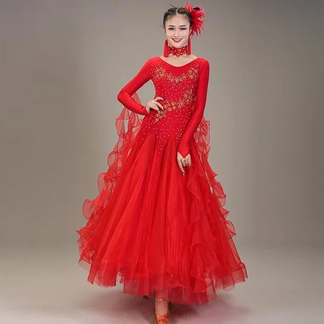 Танцевальное платье с блестками для бальных танцев Spandex Красный, S, red