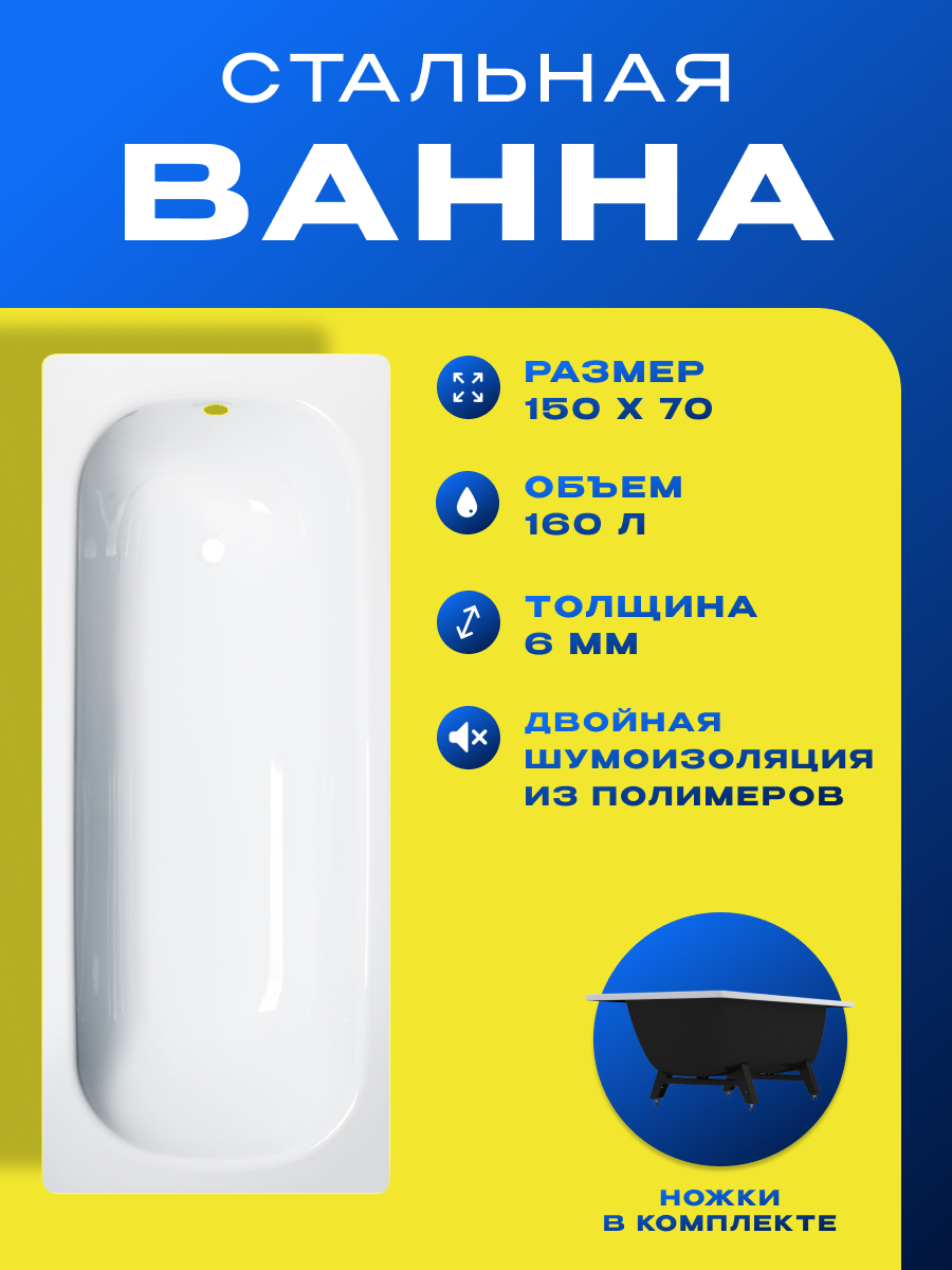 Ванна Reimar, сталь, пристенная, прямоугольная, белая, 150x70 см