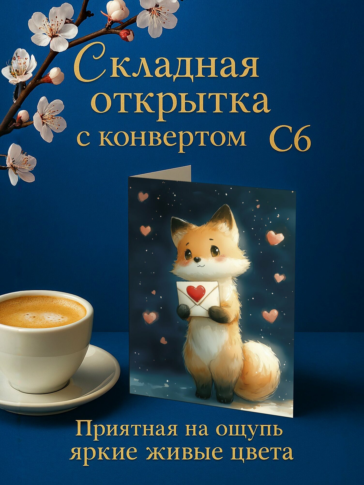 Открытка-валентинка "Лис с письмом-сердцем" (подарочная, с конвертом) - Для любимых подруг, на 8 марта и 14 февраля