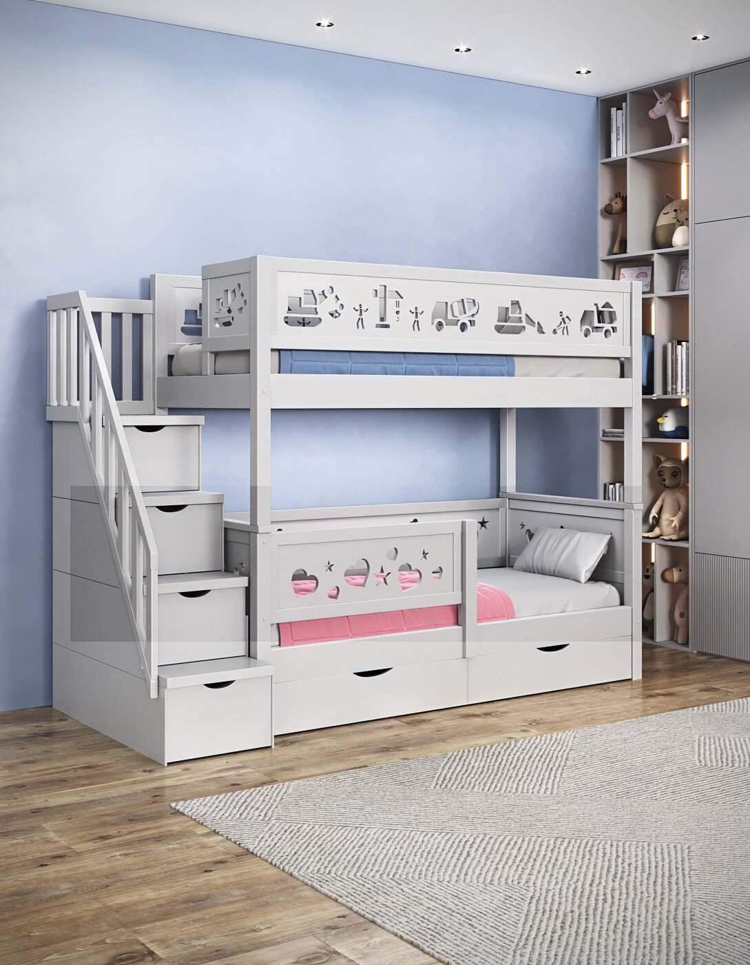 Двухъярусная кровать твикс №2 для девочки и мальчика, спальные места 90х190, с лестницей-комодом, Белая эмаль