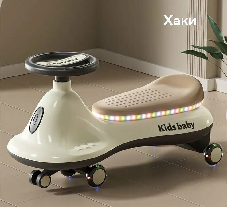 Четырехколесный детский самокат-беговел | для девочки, бесшумные колеса хаки + музыкальное освещение | 1-6 года | пластиковая рама, макс. нагрузка 100 кг | вес 2.8 кг