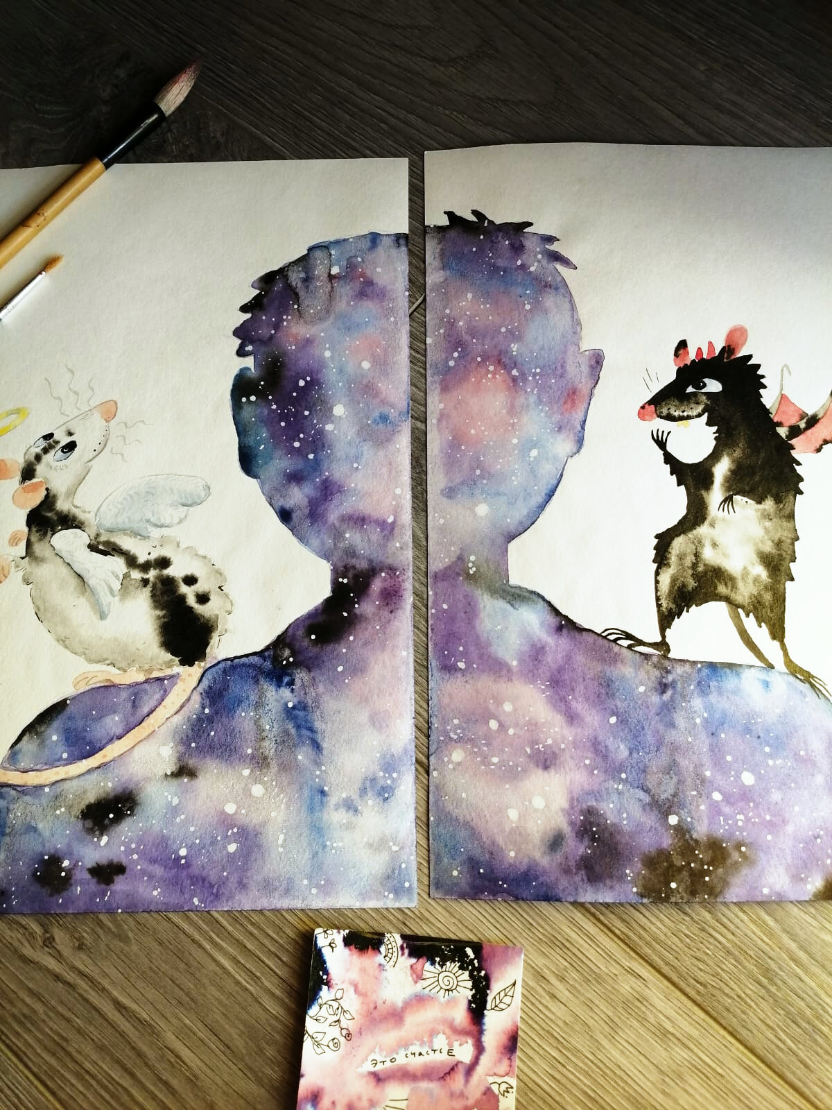 Картины диптих "Крысы ангел и демон", ручная работа, акварель, бумага, 2 штуки по 30х21 см